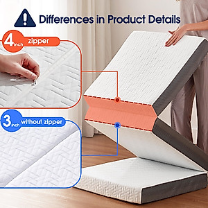 BedLuxury 4 Inch Tri Folding Mattress Twin Size with Storage Bag, Foldable Memory Foam Topper Portable Floor Guest Bed with Removable Cover, Breathable Washable