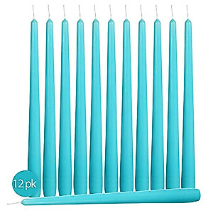 12 Pack Tall Taper Candles - 10 Inch Light Blue - Turquoise Dripless, Unscented Dinner Candle - Paraffin Wax with Cotton Wicks - 8 Hour Burn Time.