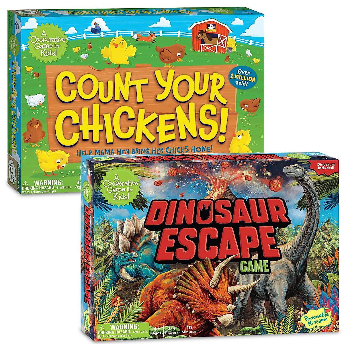 Peaceable Kingdom Count Your Chickens and Dinosaur Escape Cooperative Board Games for Kids Bundle