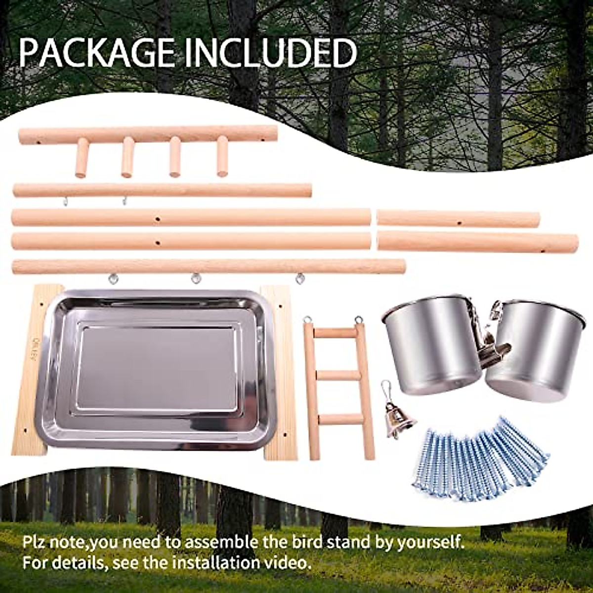 Bird Play Stand Parrots Playground Wooden Stick Perch，Bird Playpen Exercise Gym with Ladder Feeder Cup Bell Swing，Parrot Play Climb Gym for Parakeet Cockatiel Conure(Include a Tray)