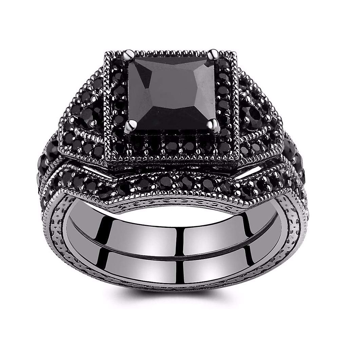 Castillna Black Cubic Zirconia CZ Simulated Diamond Princess Cut Solitaire Halo Bridal Engagement Wedding Rings Sets in Sterling Silver for Women