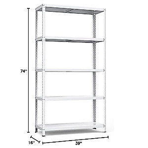 Giantex 5-Tier Storage Shelves, 39 x 16 x 74 Inch Height Adjustable Steel Garage Storage Rack with Foot Pads, Heavy Duty Garage Shelving for Warehouse, Basement, Kitchen, White