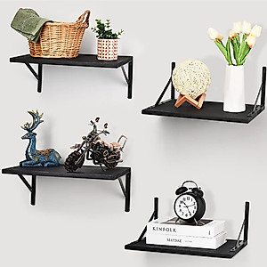 Deep Floating Shelves for Wall 4 Sets, 12 Inch Deep Floating Shelves Black, Wide Floating Shelves Wood Wall Mounted, Large Floating Wall Shelves for Bathroom, Bedroom, Kitchen, Living Room, Office