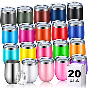 20 Pack Stainless Steel Wine Tumblers with Lids 12 oz Stemless Wine Glass Double Wall Insulated Wine Cups for Wine Coffee Cocktails Champaign, 20 Assorted Colors