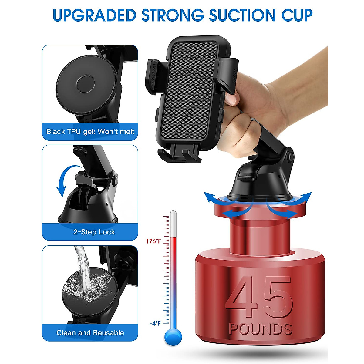 EOCAHO Car Phone Holder Mount, Upgraded Super Strong Suction Power Phone Mount for Car Dashboard Windshield Air Vent, Universal Cell Phone Holder Car Compatible with iPhone Samsung All Phones