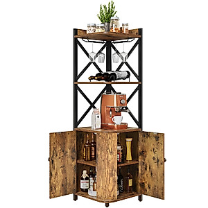 YITAHOME Corner Bar Cabinet with Glass & Wine Holder, Industrial Corner Shelf with Wine Storage, 5-Tiers Liquor Cabinet Bar for Home/Living Room/Kitchen, Rustic Brown