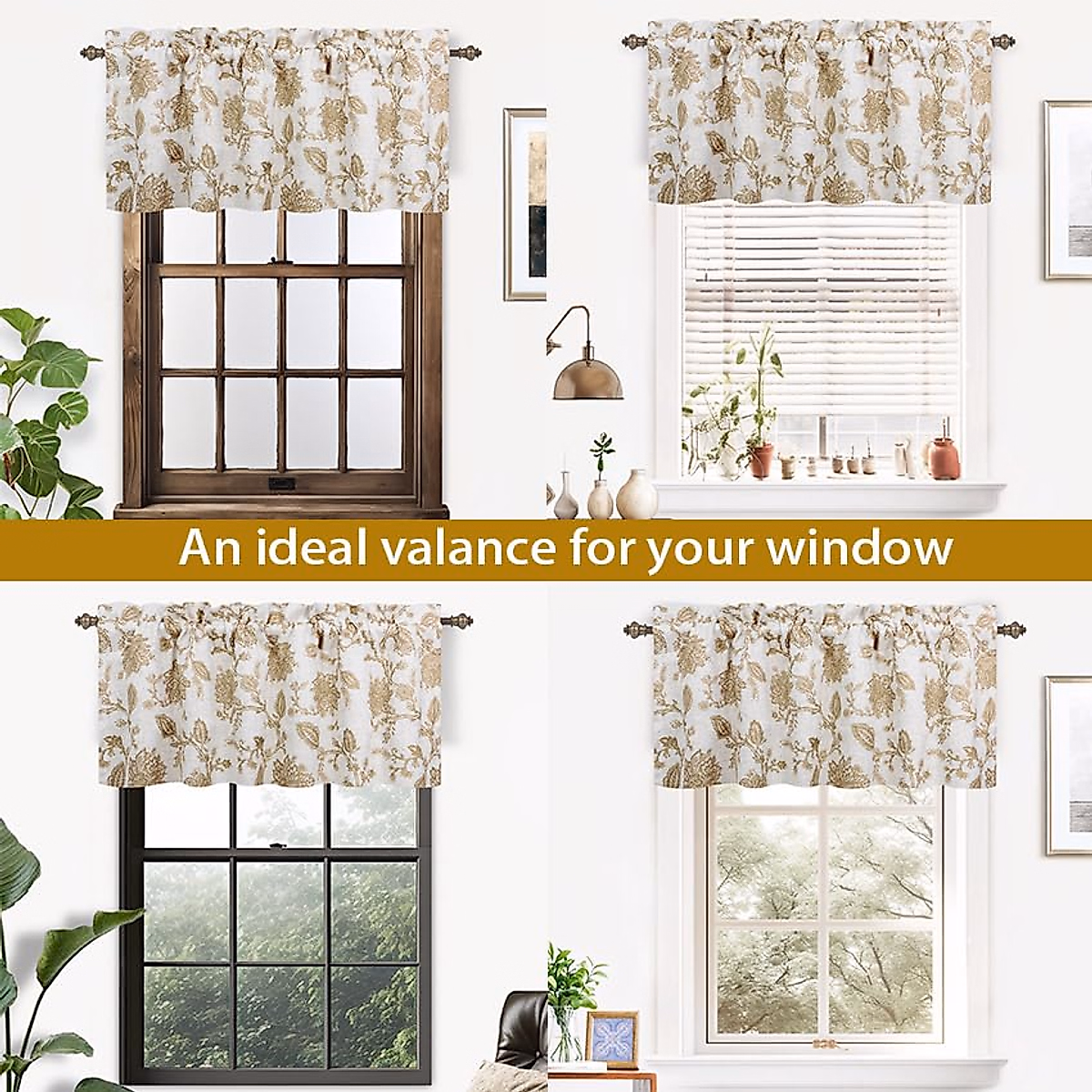 DriftAway Freda Floral Linen Blend Blackout Thermal Insulated Energy Saving Window Linen Curtain Valance Rod Pocket 2 Layers 2 Pack Each 52 Inch by 18 Inch Plus 2 Inch Header Sand