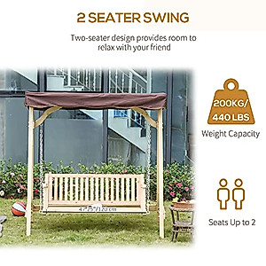 Outsunny Wooden Porch Swing Bench, 2-Seater Outdoor Swing Glider with Adjustable Canopy, Adjustable Hanging Chains, A-Frame, for Garden, Poolside, Backyard, Brown