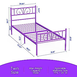 GIME Purple Metal Platform Bed Frame Twin Bed Frames with headboard for Ki‘ds