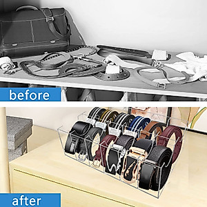 Hlimior Belt Organizer, Acrylic 12 Compartments Belt Container Storage Holder, Acrylic Belt Display Storage Box, Clear Belt Display Case for Closet Tie and Bow Watch Jewelry Bracelets Ring Cosmetic…