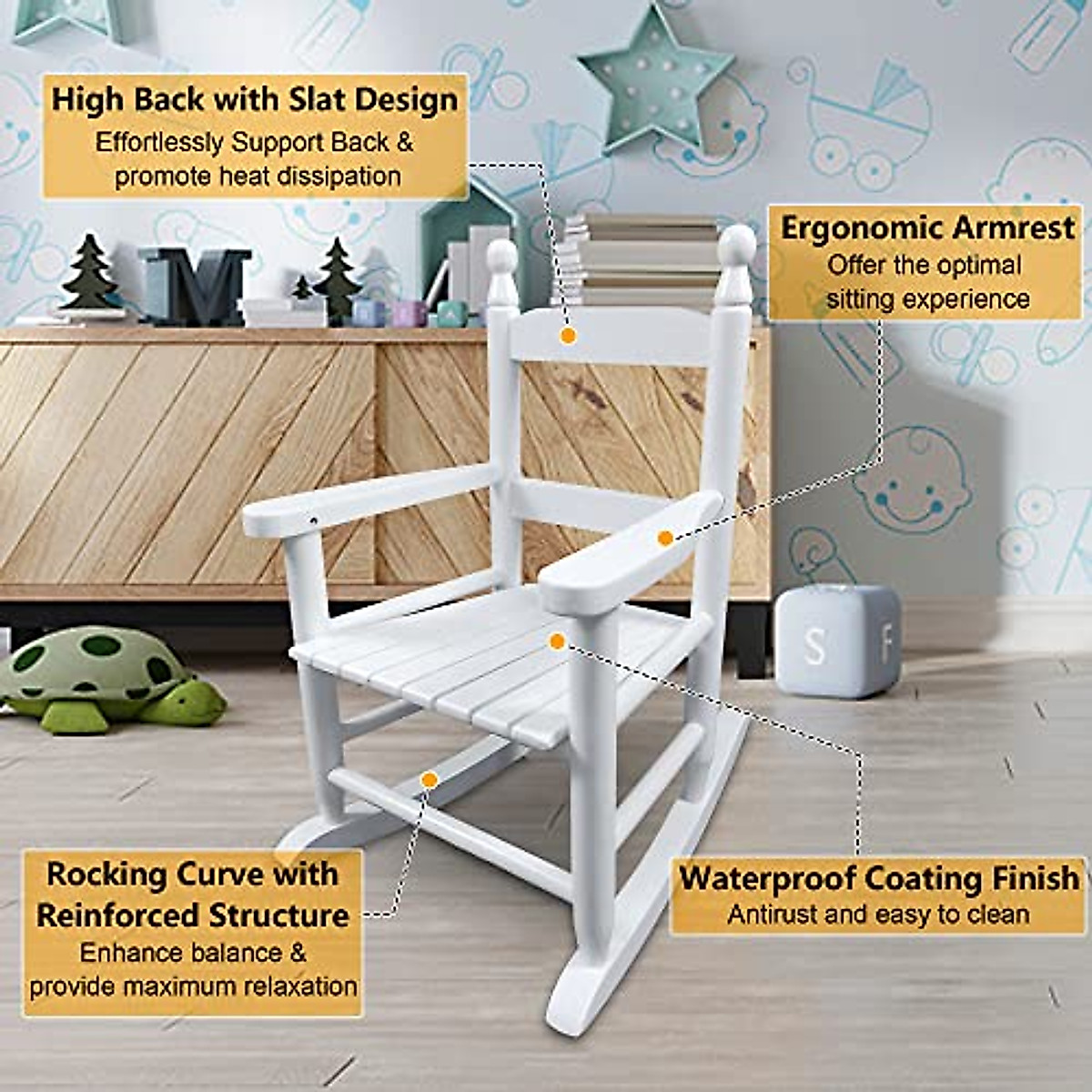 Pvillez Childs Rocking Chairs, Classic Wooden Rockers for Boys and Girls, Indoor and Outdoor Kids Rocking Chair for Sun Rooms, Porches, Living Rooms, Bedrooms, Nursery, White