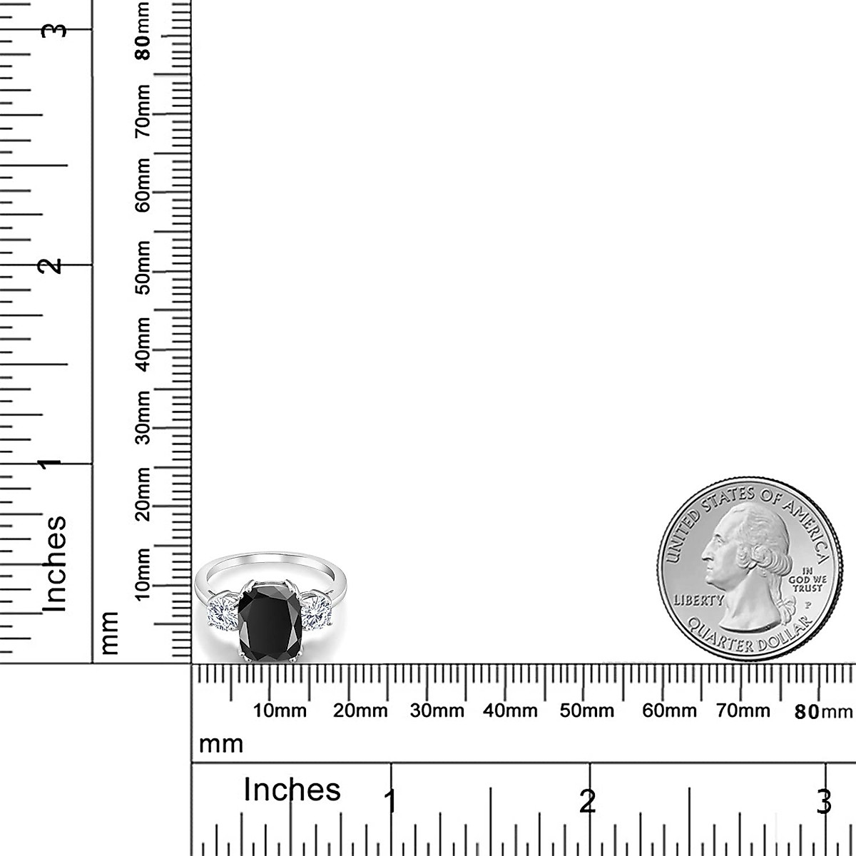 Gem Stone King 925 Sterling Silver Black Onyx and White Moissanite 3 Stone Ring For Women (3.39 Cttw, Cushion Cut 10X8MM, Round 4.5MM, Gemstone, Available In Size 5, 6, 7, 8, 9)