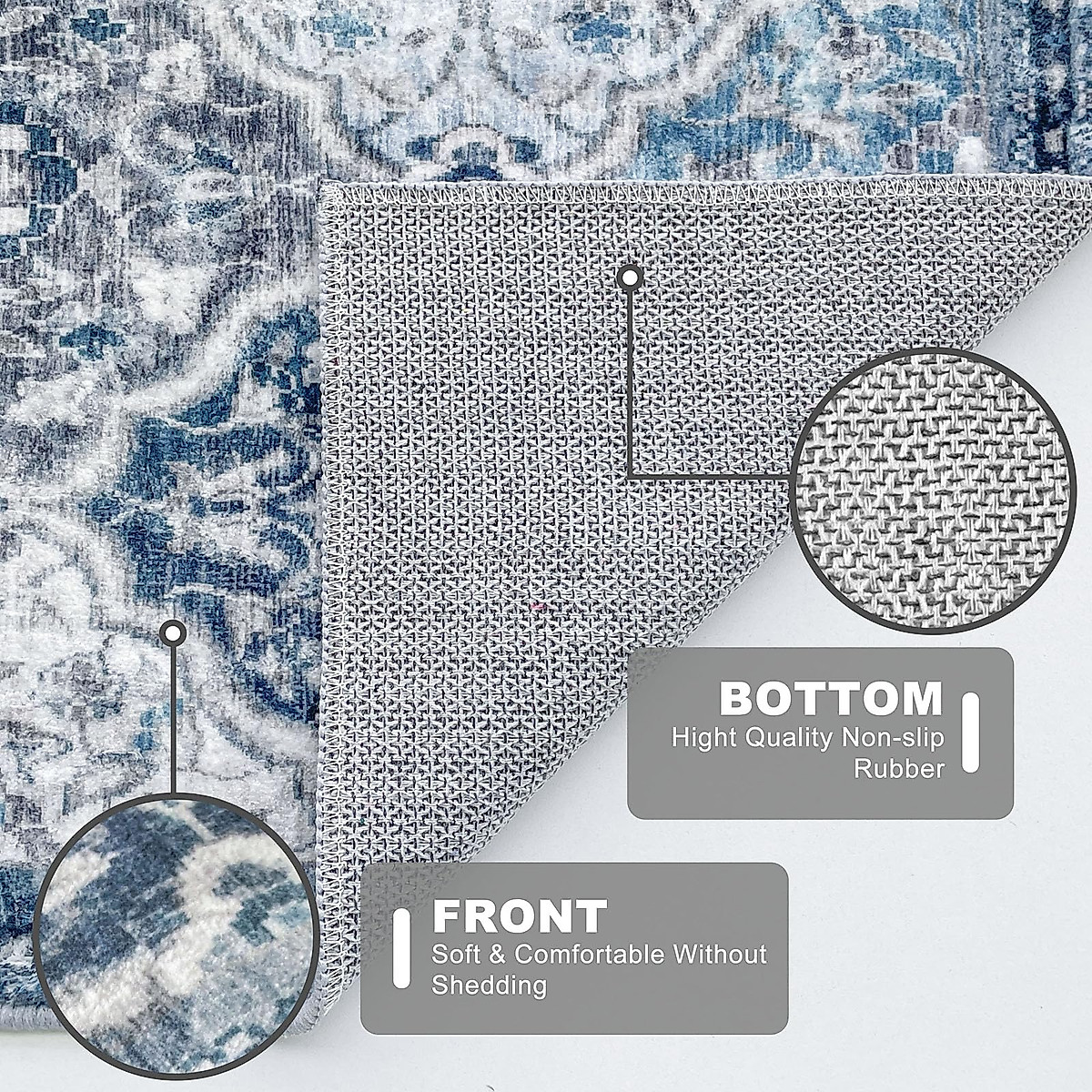 KILOCOCO 5x7 Area Rug, Moroccan Washable Living Room Rug, Vintage Rug Non-Slip, Large Print Faux Wool Throw Rug Indoor Kitchen Rug for Entryway Bedroom Office Carpet, Blue/Multi