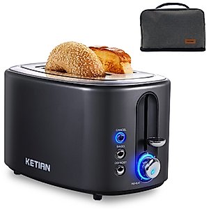 2 Slice Toaster with Cover,KETIAN Retro Stainless Steel Toasters,1.5'' Extra Wide Slot,Cancel Bagel Defrost Reheat Functions, 6 Toast Browning Settings, Removable Crumb Tray,Black