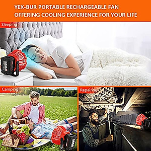 YEX-BUR Portable Camping Fan for Milwaukee, Rechargeable Personal Desk Tent Fan with Foldable Hook,Remote Control 4H Timer for Milwaukee 18V Li-ion Battery Cordless Fan for Camping, Bedroom