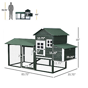 PawHut 84" Wooden Chicken Coop, Hen House Outdoor with Run Nesting Box, Asphalt Roof, Removable Tray, Ramp, Poultry Cage for 2-3 Chickens, Green