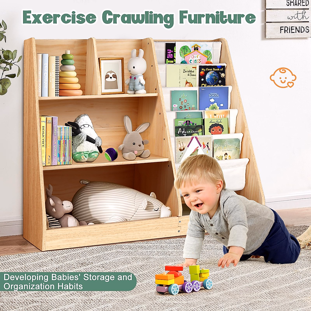 3 Tier Wooden Bookshelf for Kids: Five Layer Sling Children Bookcase - Toddler Book Toy Organizer Cabinet Chest for Playroom Nursery Classroom Library