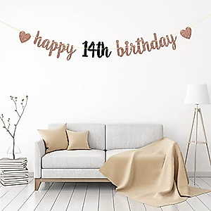 Dill-Dall Rose Gold Glitter Happy 14th Birthday Banner, 14th Birthday Party Decorations, 14th Birthday Backdrops (14th)