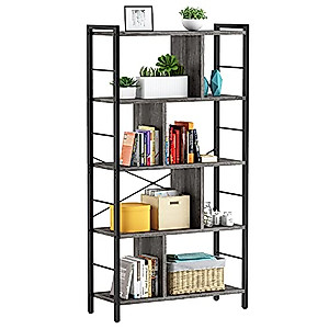 armocity Bookshelf, 5 Tier Tall Modern Bookcase Wood Metal Frame Standing Book Shelf, Display Bookshelves Storage Organizer for Bedroom Living Room Home Office, Grey