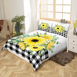 Sunflower Duvet Cover queen, Buffalo Check Bedding Set, Farmhouse Plaid Grid Yellow Floral Wild Botanical Black White Stripe Comforter Cover, Summer Rustic Garden Plants Room Decor Quilt Cover