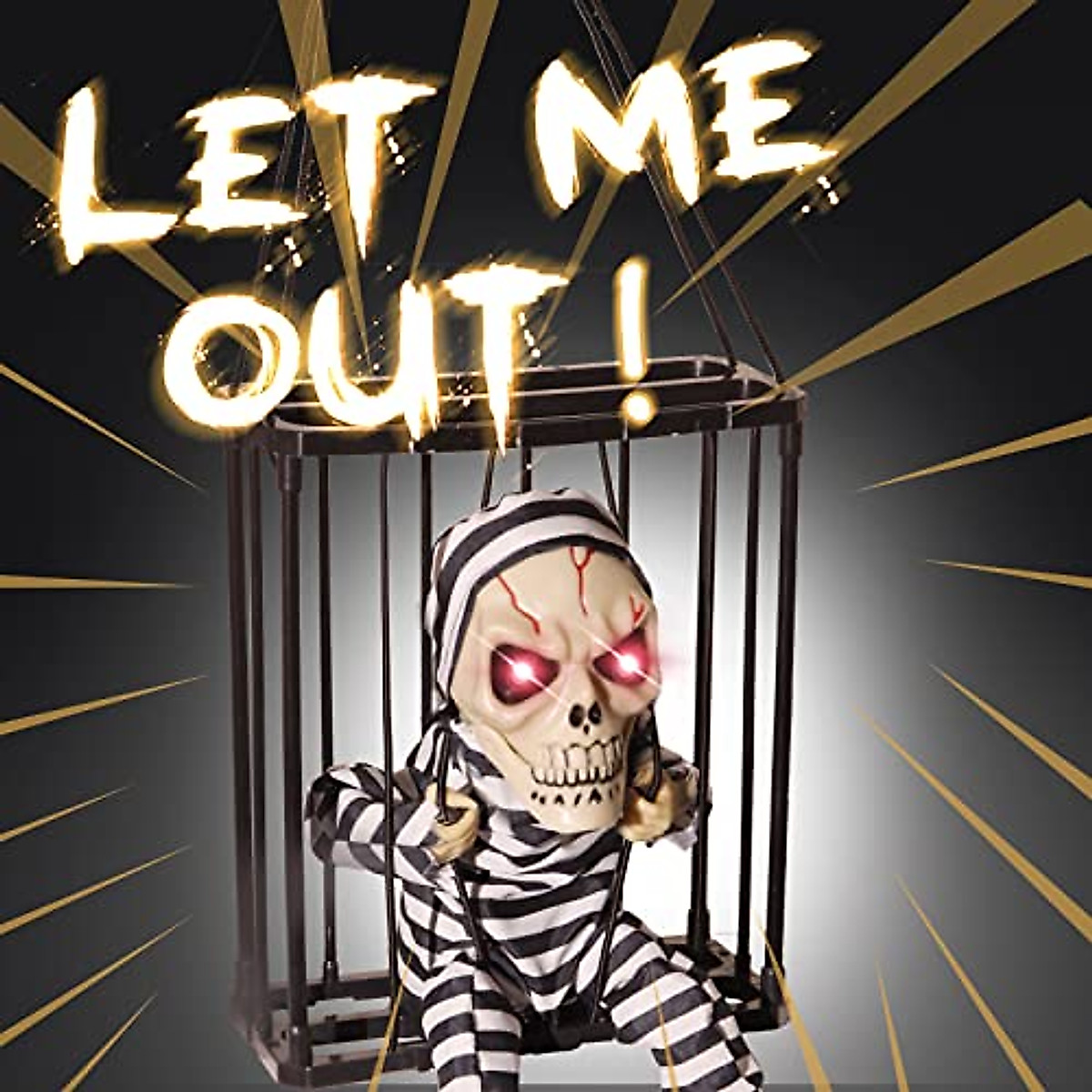 BINDUO Scary Halloween Decoration Outdoor Skull Decor with Motion Sensor Hanging Skulls Prisoner Cage Light Up Eyes Talking Spooky Spirit Halloween Animatronic Home Decor