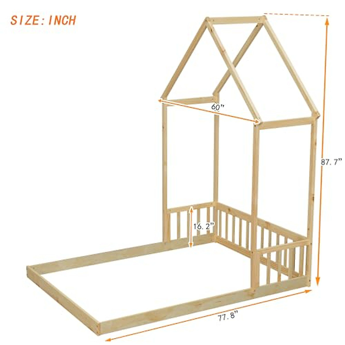 Bellemave Full Size Floor Bed for Kids, Montessori House Bed Frame with House Shape Roof and Semi-Fence, Wood Floor Bed for Boys, Girls, Low to Ground Height, Natural