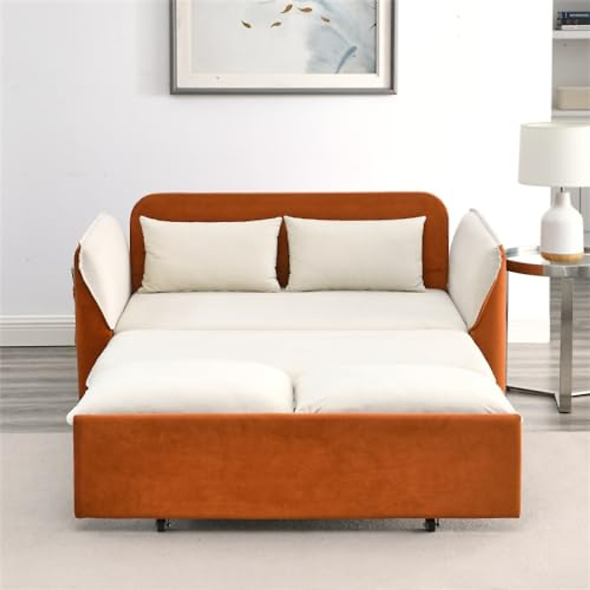ADUH 57" Convertible Sofa Bed with 2 Detachable Arm Pockets, Velvet Loveseat Multi-Position Adjustable Sofa