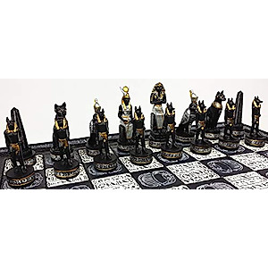 Egyptian Anubis Chess Set Black Silver and Gold Men with 16" Hieroglyphic Board