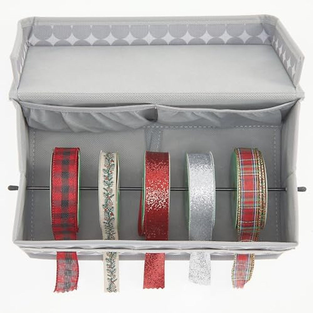 mDesign Gift-Wrapping Ribbon Storage Box with Handles - Holiday Bow Organizer Container with Lid - Christmas Giftwrap Ribbon Holder - Gift Storage Tote Bin and Bow Station with Polka Dots - Gray