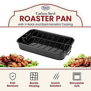 Alpine Cuisine Turkey Roaster Pan with Rack 16-Inch - Nonstick Coating Carbon Steel Pan - Black & Heavy Duty Roasting Pan - Easy to Clean, Multipurpose Use - Durable & Dishwasher Safe