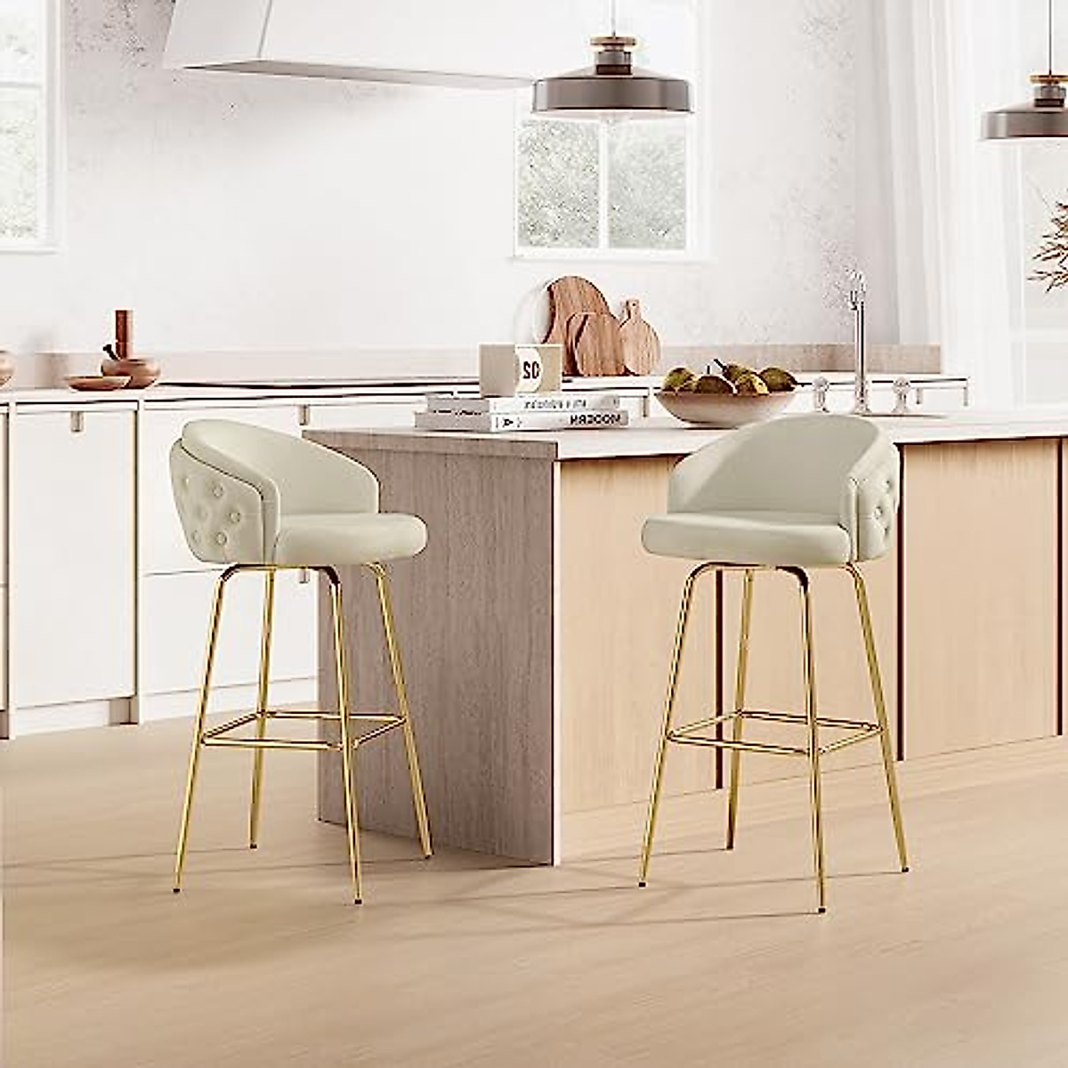 Volans Counter Height Bar Stools Set of 2, 360° Swivel Modern Velvet Bar Stools for Kitchen Island, Kitchen Chairs with High Performance Fabric Sponge(White)