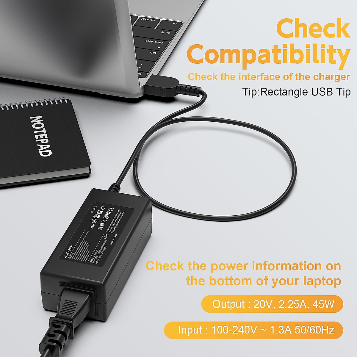 ADLX45DLC3A, ADLX45DLC2A, ADLX45NCC2A, ADLX45NLC2A, ADLX45NLC3A, ADLX45NDC2A, ADLX45NDC3A, PA-1450-12 Laptop Charger for Lenovo ThinkPad, 45W Lenovo Power Supply Cord