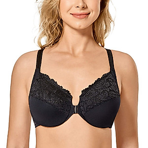 DELIMIRA Women's Front Closure Plus Size Full Coverage Lace Underwire Racerback Bra Black 40F