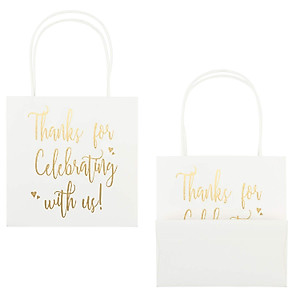 LaRibbons Small Size Gift Bags - Gold Foil Thanks for celebrating with us White Paper Bags with Handles for Wedding, Birthday, Baby Shower, Party Favors - 12 Pack - 6.5" x 3.5" x 6.5"