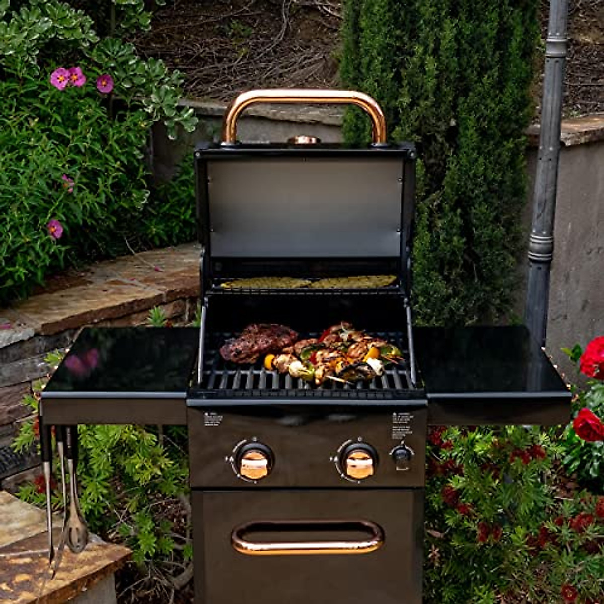 Permasteel 2-Burner Gas Grill, Foldable Side Tables, Grilling Tool Hooks, Propane Gas Barbecue Grill, Black with Copper Accent