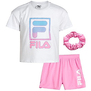 Fila Girls' Active Shorts Set - 2 Piece Short Sleeve Crop T-Shirt and Gym Shorts for Girls - Kids Athletic Clothing Set, 7-12, Size 10, Pink/White