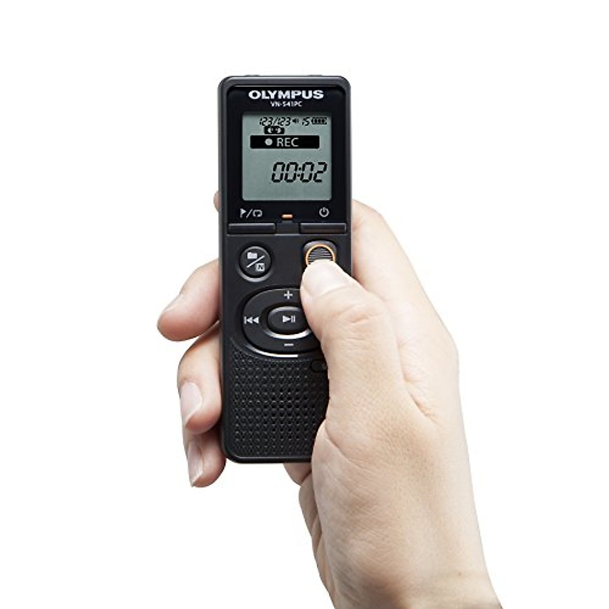 Olympus VN-541PC digital voice recorder with one-touch recording, noise-cancellation function, 4GB memory, four scenes recording, includes a micro-USB cable.