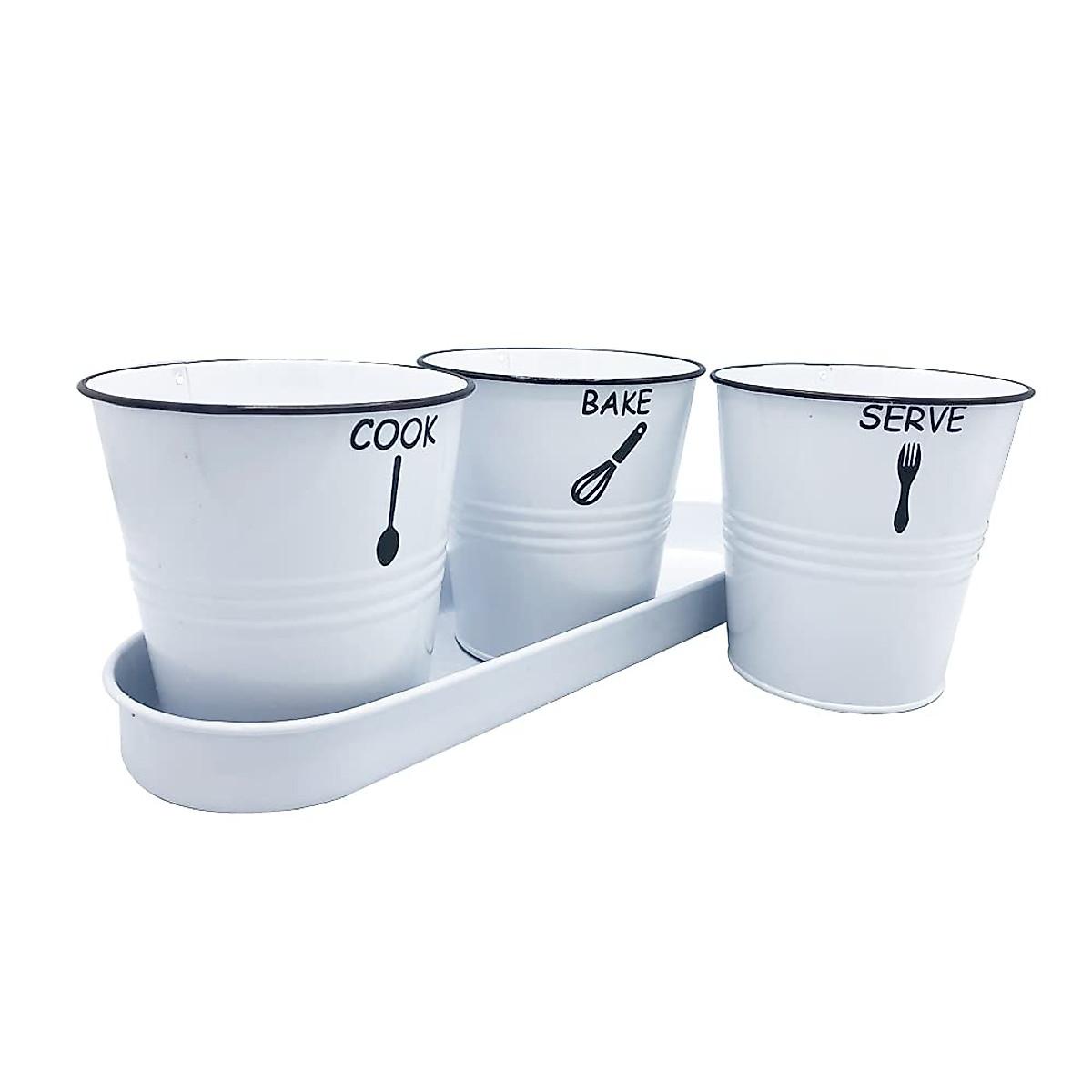 Hydrone Design Metal Utensil Holder Set with Tray, Kitchen Utensil Storage Caddy Flatware Organizer,White Farmhouse Countertop Decor