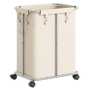 HOOBRO Laundry Basket with Wheels, 45 Gallons (170L) Rolling Laundry Hamper, Narrow Slim Laundry Sorter with Removable Oxford Fabric Bag, Laundry Room, Dorm Room, Bedroom, Beige and Silver SW05XY01