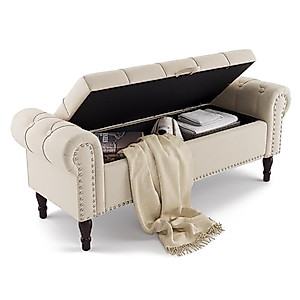 Cozyman Storage Bench, 50” Queen Linen Tufted Button End of Bed Bench with Rolled Arm and Nailhead Trim, Upholstered Bedroom Bench, Ottoman Bench for End of Bed, Living room, Entryway, Linen Color