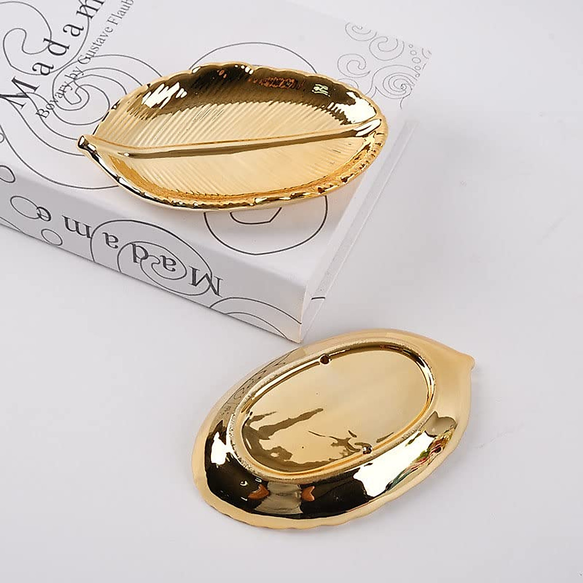 Golden Leaf Tray Ceramic Jewelry Plate Key Tray Ring Holder Trinket Dish Vanity Tray Candy Snack Tray for Christmas,Birthday,Wedding,Women