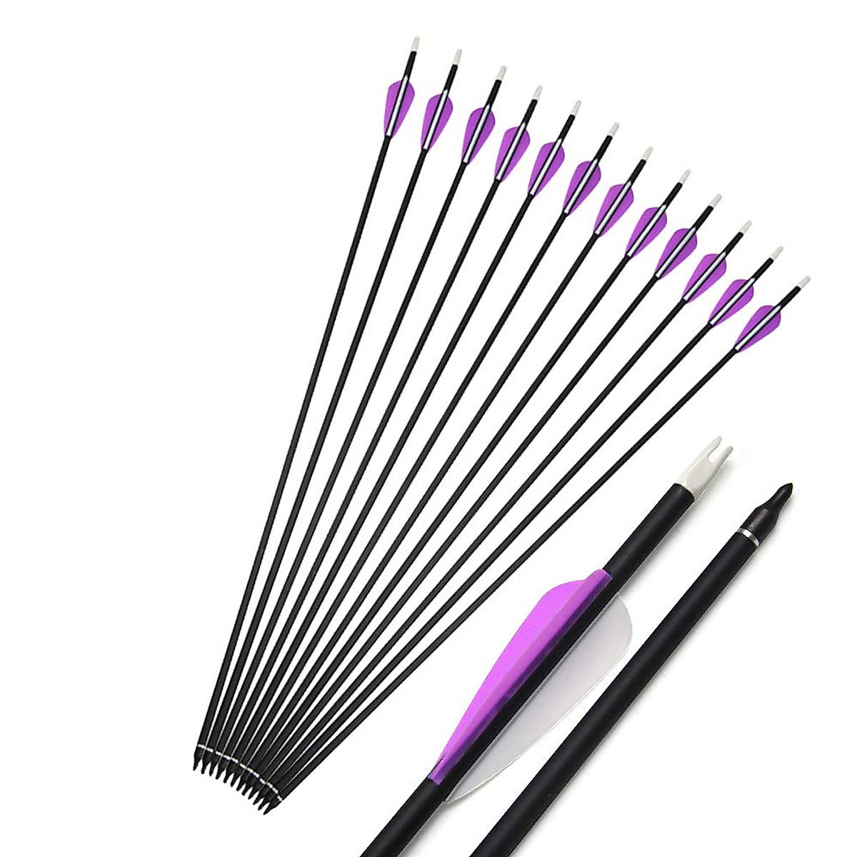 12 Pcs 30 Inch Archery Carbon Arrows 500 Spine Hunting Practice Target Carbon Arrows Shaft with 100 Grain Replaceable Tips for Archery Compound & Recurve & Traditional Bow (Purple Arrow)