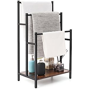 Freestanding Towel Rack Stand for Bathroom, 3 Tier Blanket Ladder Holder, Towel Drying and Display Rack with Shelf, Metal Blanket Rack, Farmhouse Rustic Brown and Black
