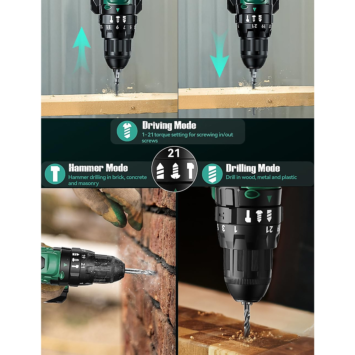 KIMO Hammer Drill - 20V 2X Battery Hammer Drill Cordless Drill Set, 350 In-lb Torque, 3/8" Keyless Chuck, 1350 RPM, 21+3 Position,14pcs Drill/Driver Bits, Power Drill Drivers for Concrete Brick Wall