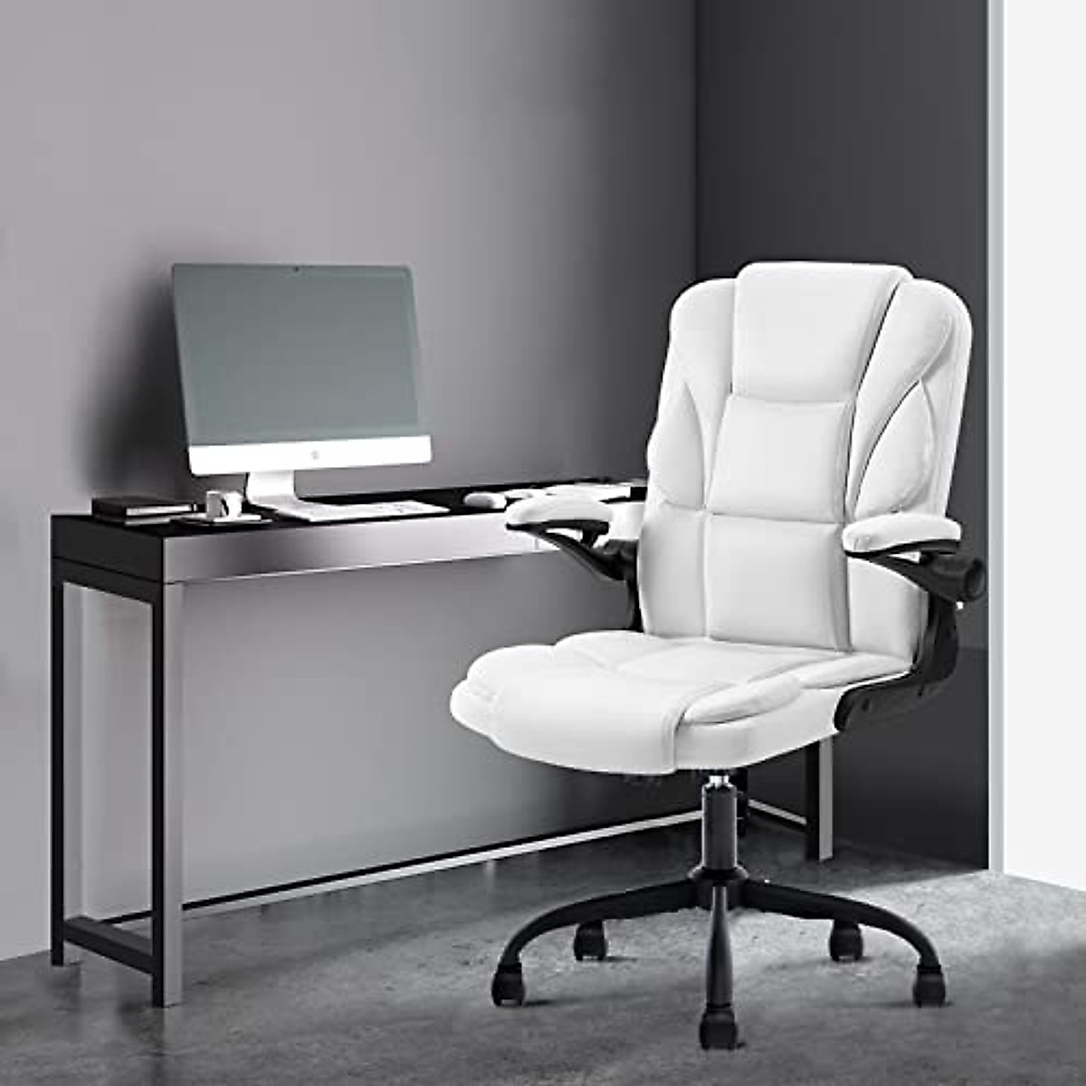 SEATZONE Home Office Desk Chair, High Back Ergonomic Managerial Executive Chairs, Swivel Adjustable Computer Chair, Headrest and Lumbar Support Desk Chairs with Wheels and Armrest, White