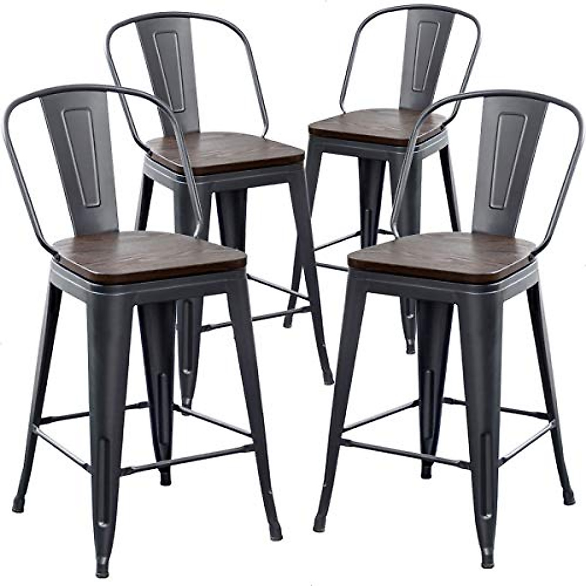 Aklaus Metal Bar Stools Set of 4,24 inch Barstools Counter Height Bar Stools with Backs Farmhouse Bar Stools with Larger seat High Back Kitchen Dining Chairs Modern Bar Chairs Matte Black Stool