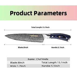 VINNAR Damascus Chef Knife, Japanese VG-10 Super Sharp 8 inch Professional Kitchen Knives, Ergonomic Blue G10 Handle，Sharpest Cooking Knife Best Choice for Home Kitchen and Restaurant