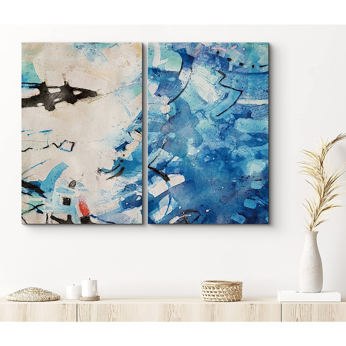 SIGNLEADER Canvas Print Wall Art Set Abstract Blue Brushstroke Scene Geometric Shapes Illustrations Modern Art Contemporary Colorful Multicolor Ultra for Living Room, Bedroom, Office - 16"x24" x 2