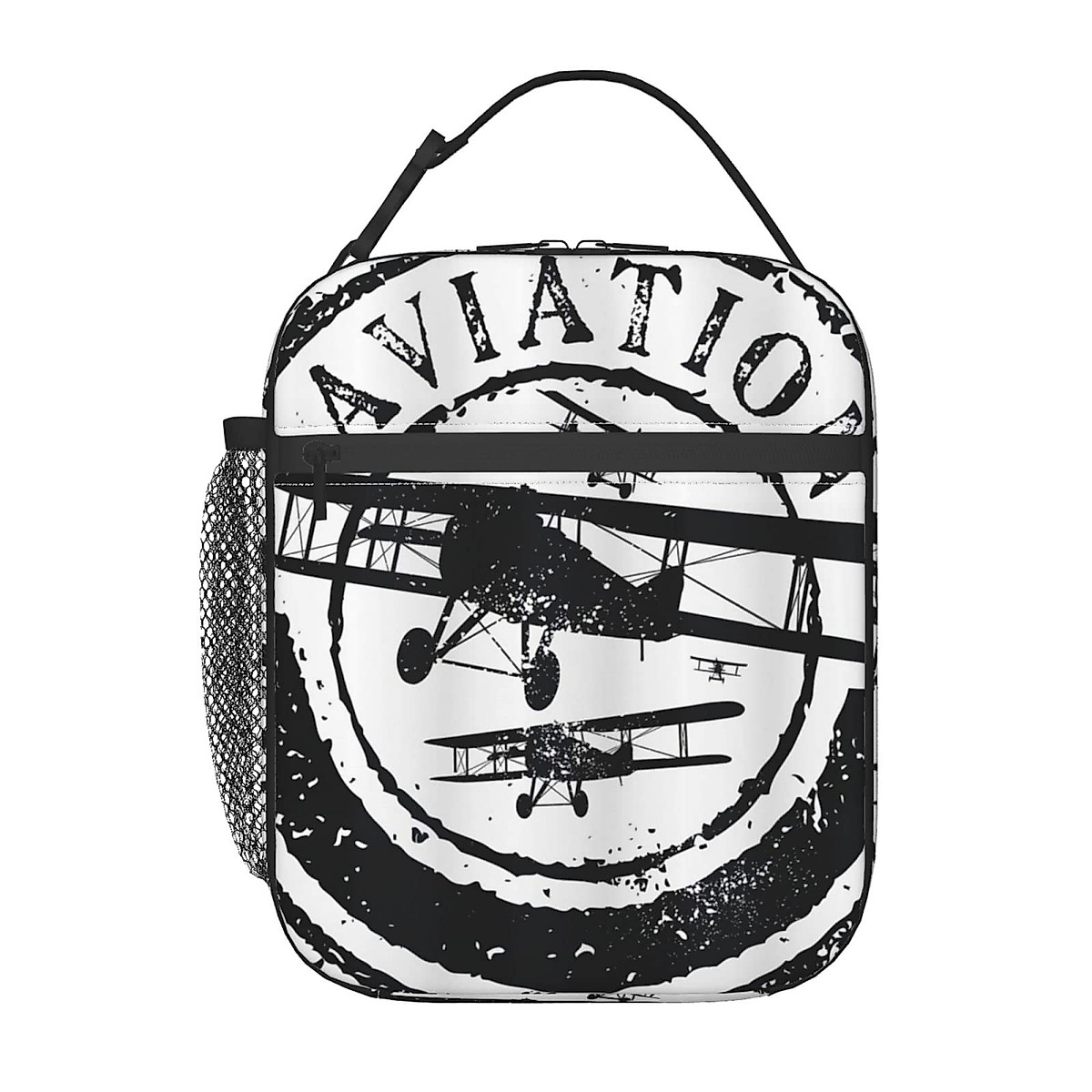 Lizinna Portable Lunch Bag For Women/Men, Style Stamp Design With Word Aviation And Airplane Silhouettes, Aluminum Material, 10.24 Inches