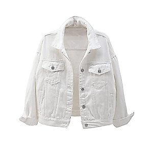 Locachy Women's Casual Denim Jacket Solid Color Basic Long Sleeve Jean Jacket Coat White XL